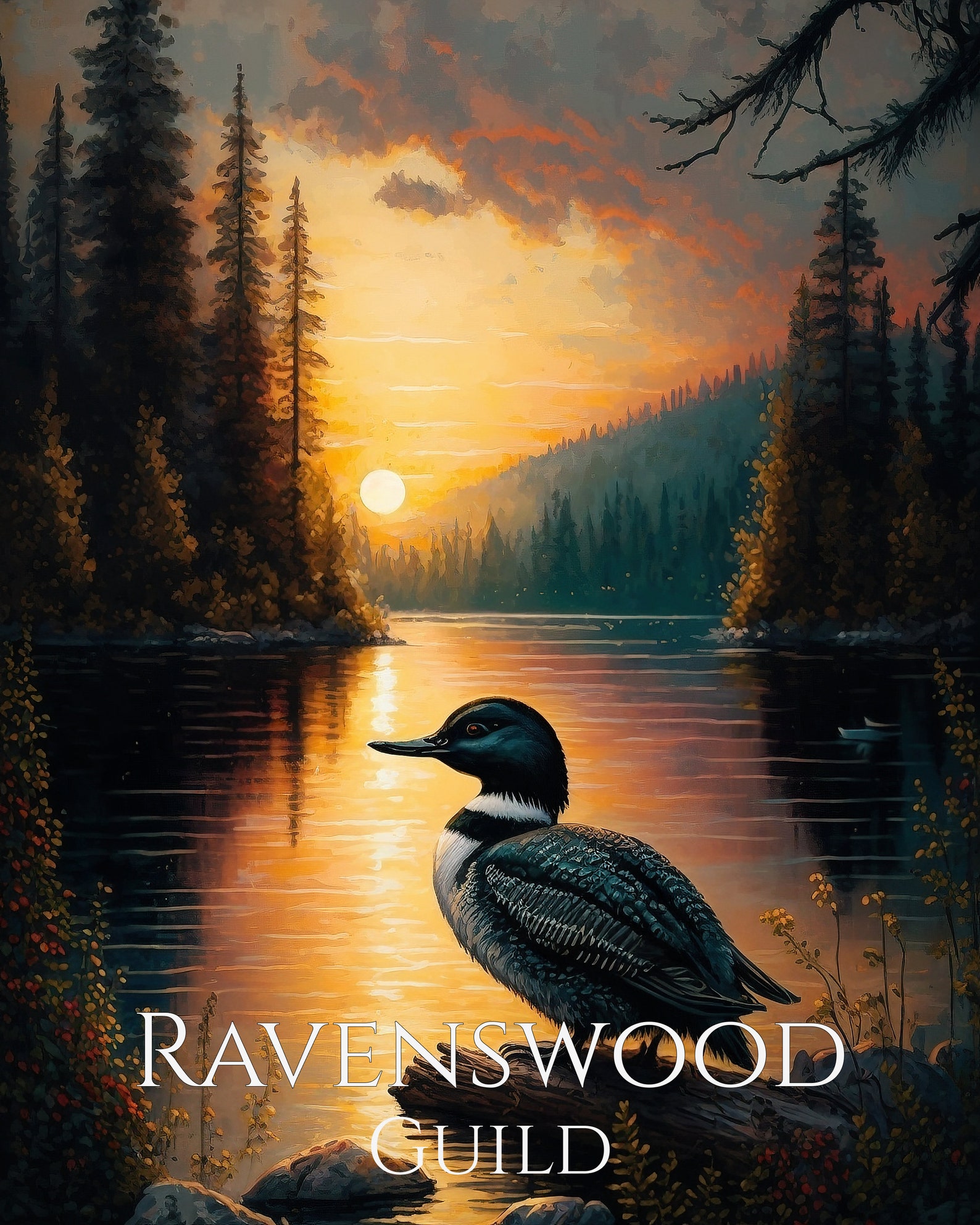 Printable Wall Art, Sunset Loon Lake, Common Loon, Loon Decor, Custom ...