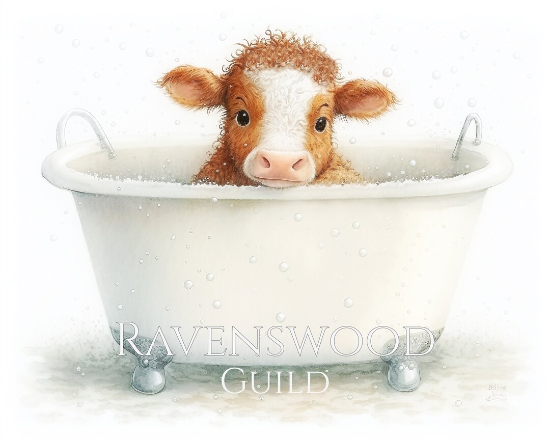 Printable Art, Cute Cow Bath Decor, Farmcore Decor, Bathtub Cow, Jersey ...