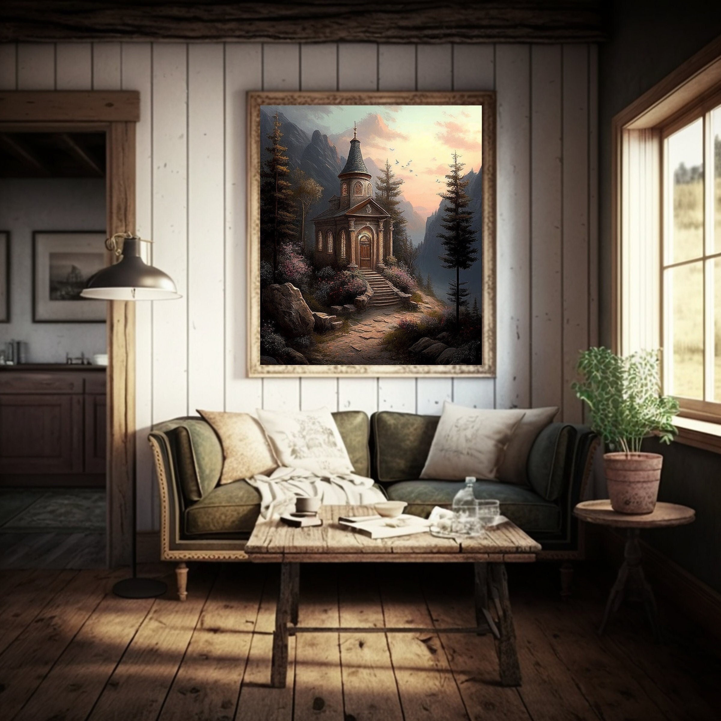 Printable Wall Art, Woodland Chapel, Earth Tones Wall Art, Mountain ...