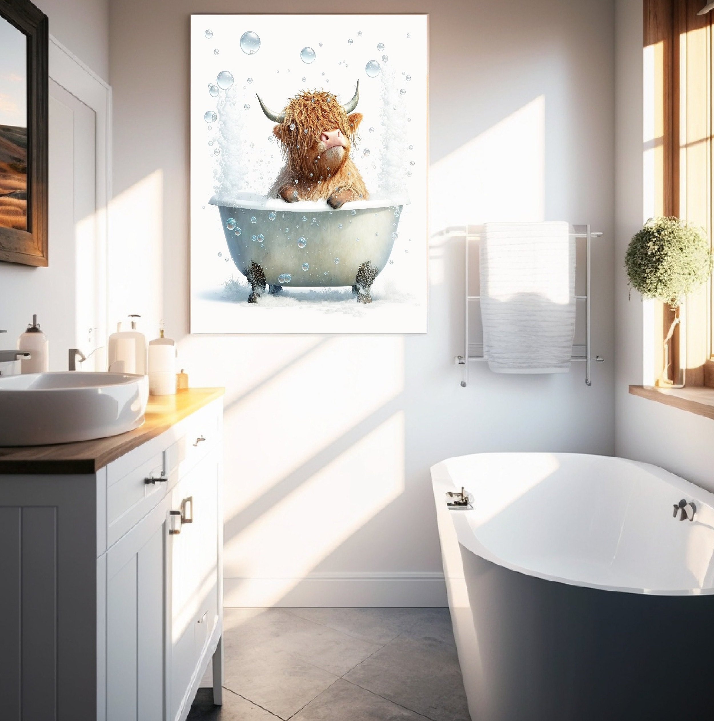 Printable Art, Scottish Highland Cow in Bathroom, Highland Cow Decor ...