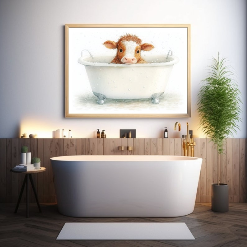 Printable Art, Cute Cow Bath Decor, Farmcore Decor, Bathtub Cow, Jersey Cow Art, Funny Bathroom ...