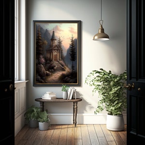 Printable Wall Art, Woodland Chapel, Earth Tones Wall Art, Mountain ...