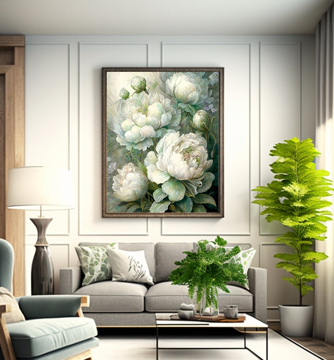 Printable Art, White Peony Art 1, Peony Print, Sage Green Decor, Peony ...