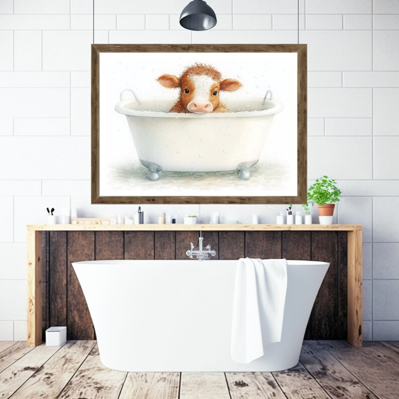 Printable Art, Cute Cow Bath Decor, Farmcore Decor, Bathtub Cow, Jersey Cow Art, Funny Bathroom ...