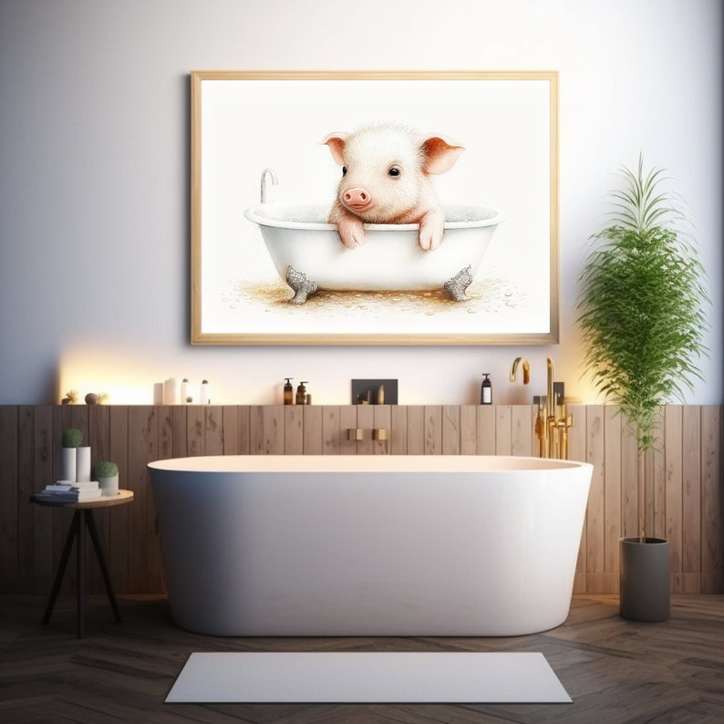 Printable Art, Cute Pig Bathroom Wall Art, Pig in Bathtub Decor, Animal ...