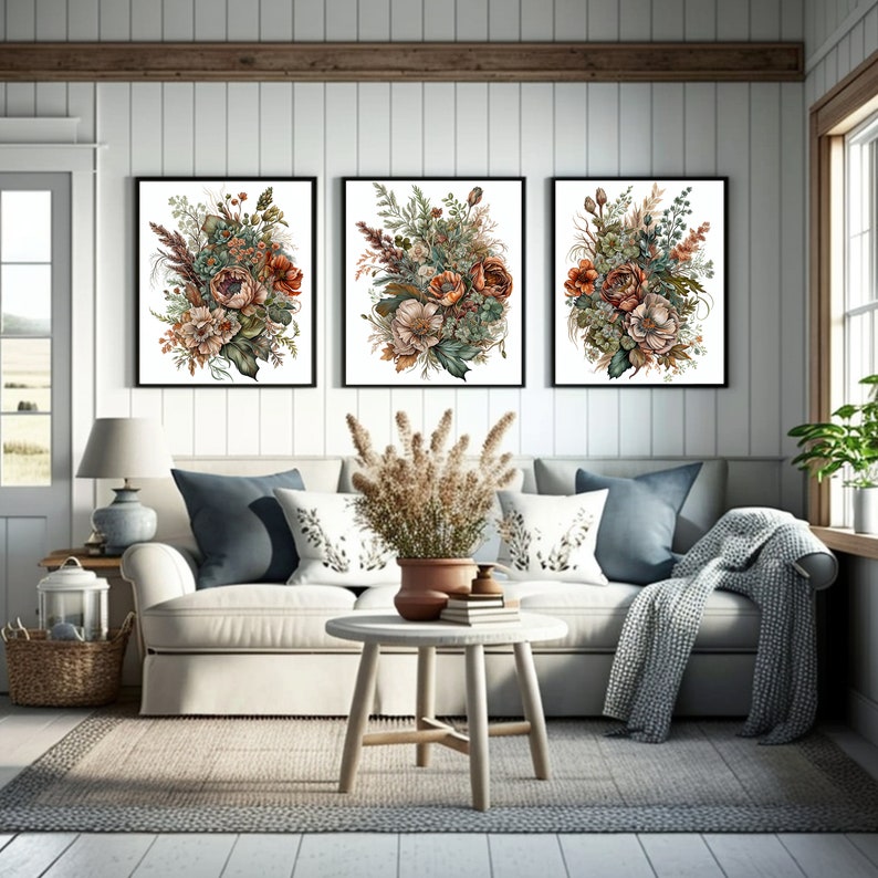 Printable Art Set, Boho Rust Floral TRIO, 3 Piece Wall Art, Gallery ...
