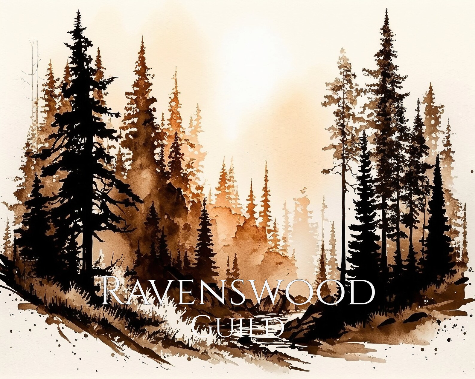 Printable Art, Watercolor Rust Forest, Pine Tree Art, Log Cabin Decor ...