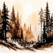 Printable Art, Watercolor Rust Forest, Pine Tree Art, Log Cabin Decor ...