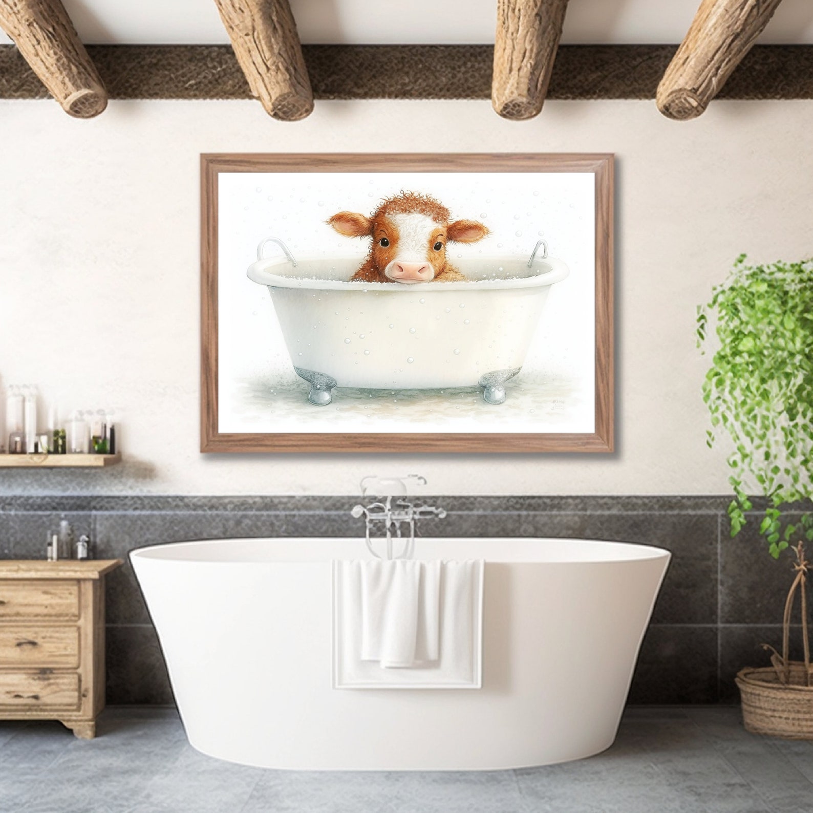 Printable Art, Cute Cow Bath Decor, Farmcore Decor, Bathtub Cow, Jersey ...