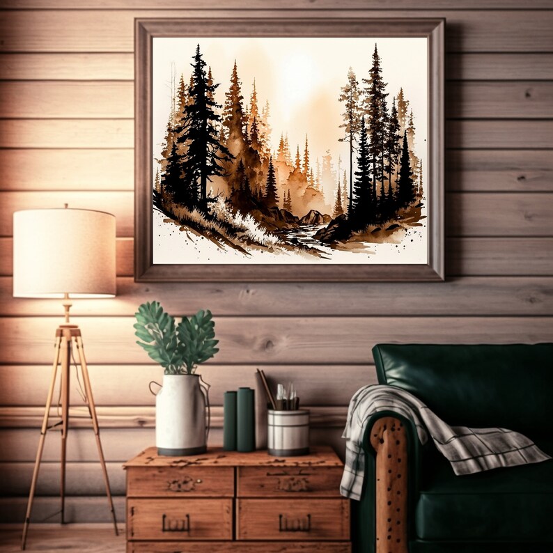 Printable Art, Watercolor Rust Forest, Pine Tree Art, Log Cabin Decor ...