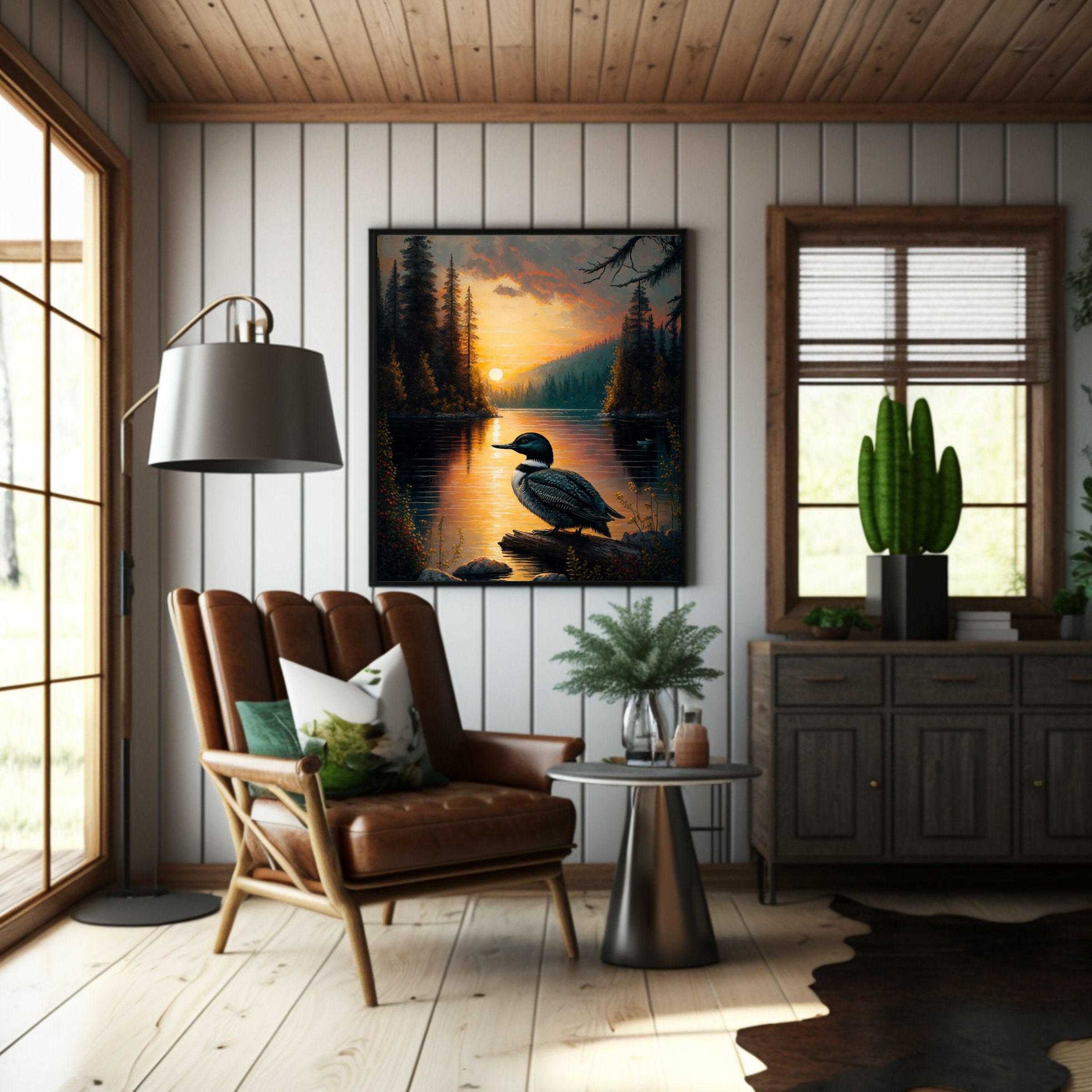 Printable Wall Art, Sunset Loon Lake, Common Loon, Loon Decor, Custom ...