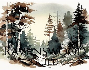 Printable Art, Watercolor Rust Forest, Pine Tree Art, Log Cabin Decor ...