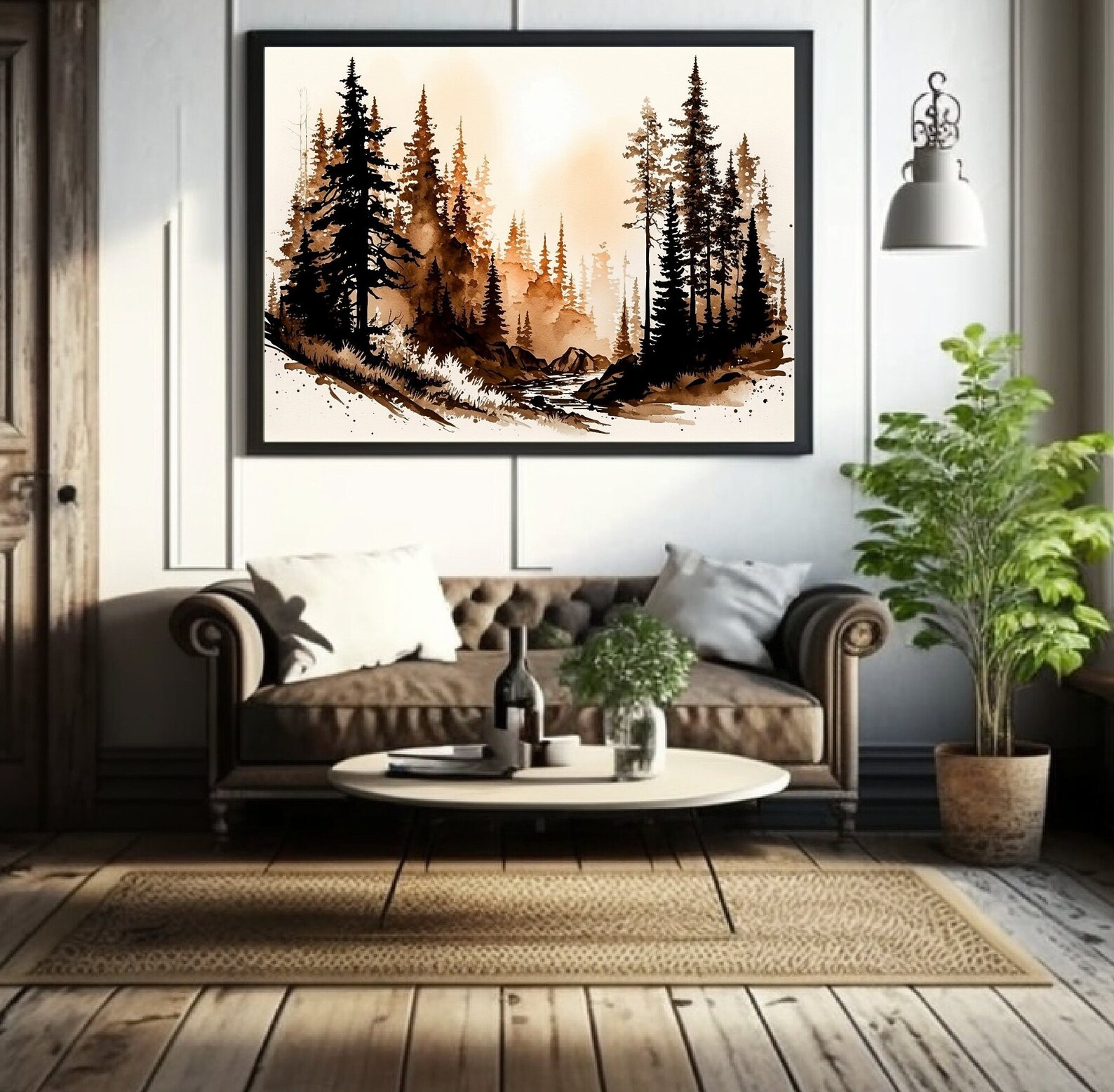 Printable Art, Watercolor Rust Forest, Pine Tree Art, Log Cabin Decor ...