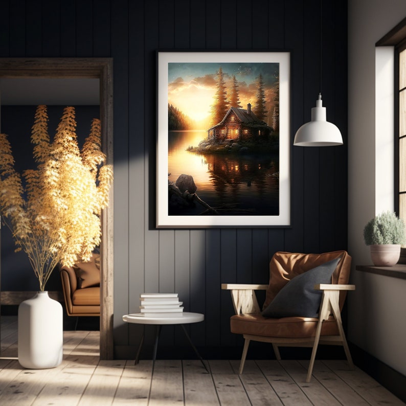 Printable Wall Art, Sunset Lake Cabin Decor, Mountain Poster, Relaxing ...