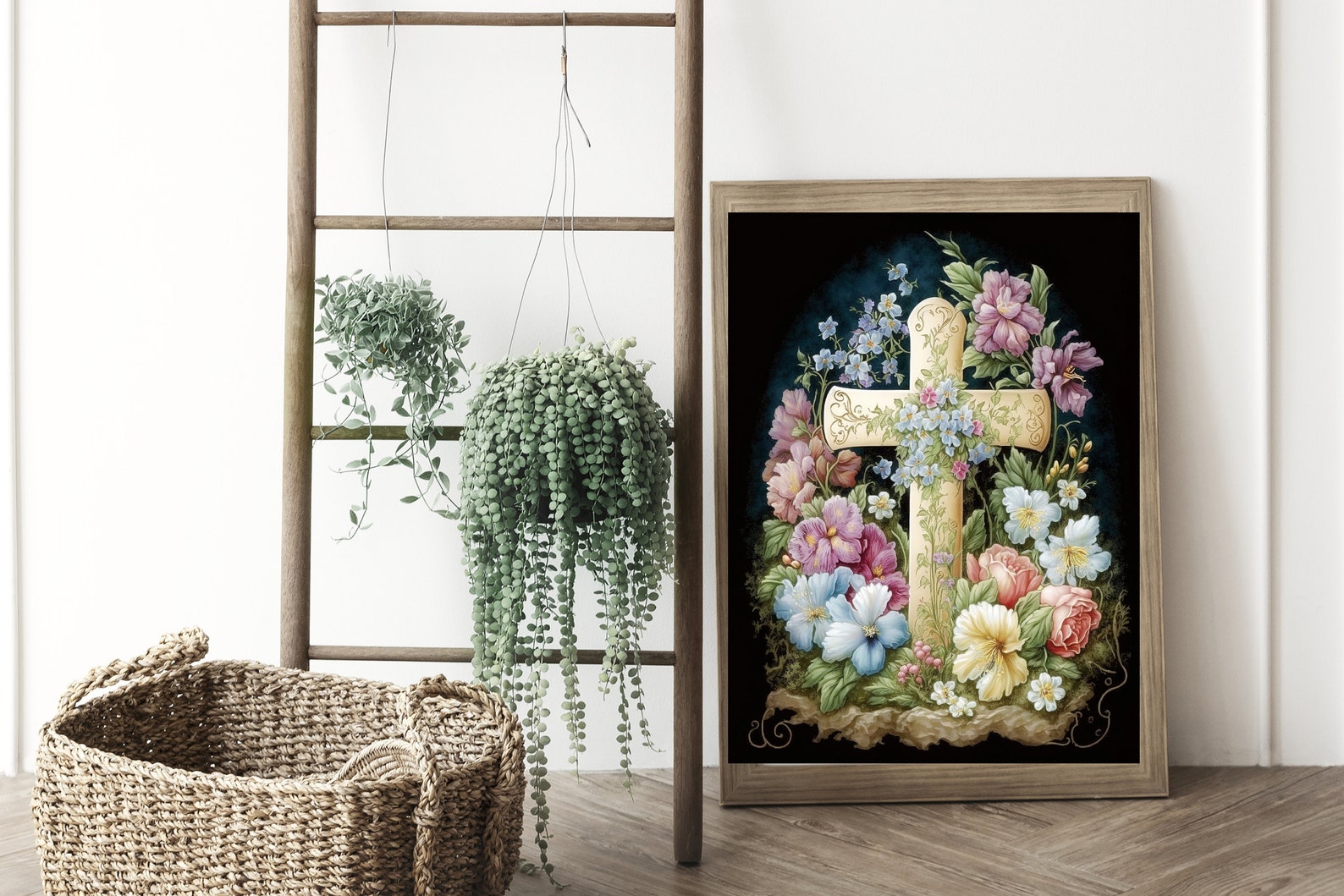 Easter Cross Wall Art, Printable Easter Floral Decor, Easter Decor ...