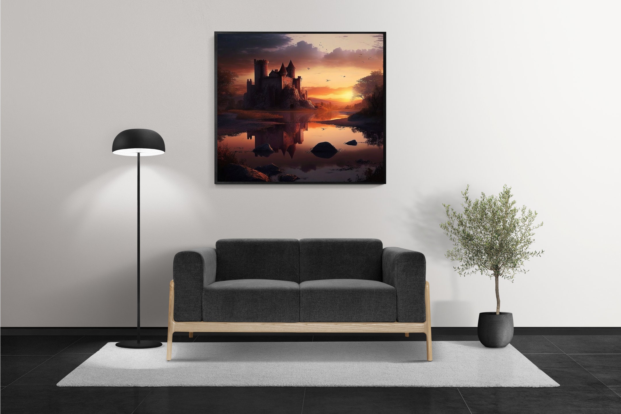Moody Castle Print, Beautiful Sunset, Riverside, High Fantasy, Digital ...