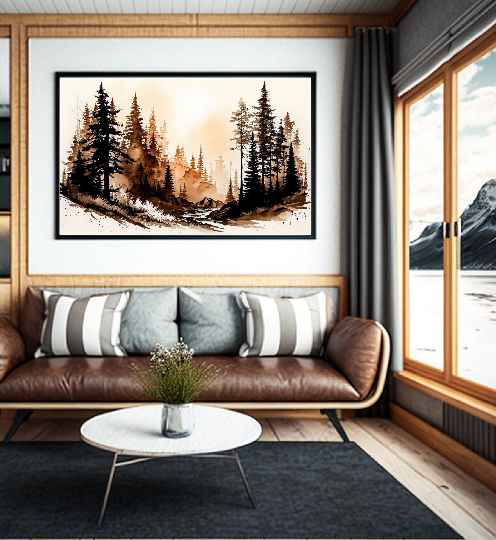 Printable Art, Watercolor Rust Forest, Pine Tree Art, Log Cabin Decor ...