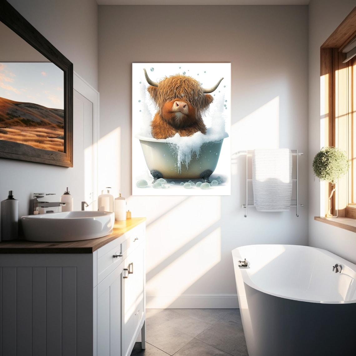 Printable Art, Scottish Highland Cow in Bathroom, Highland Cow Decor ...