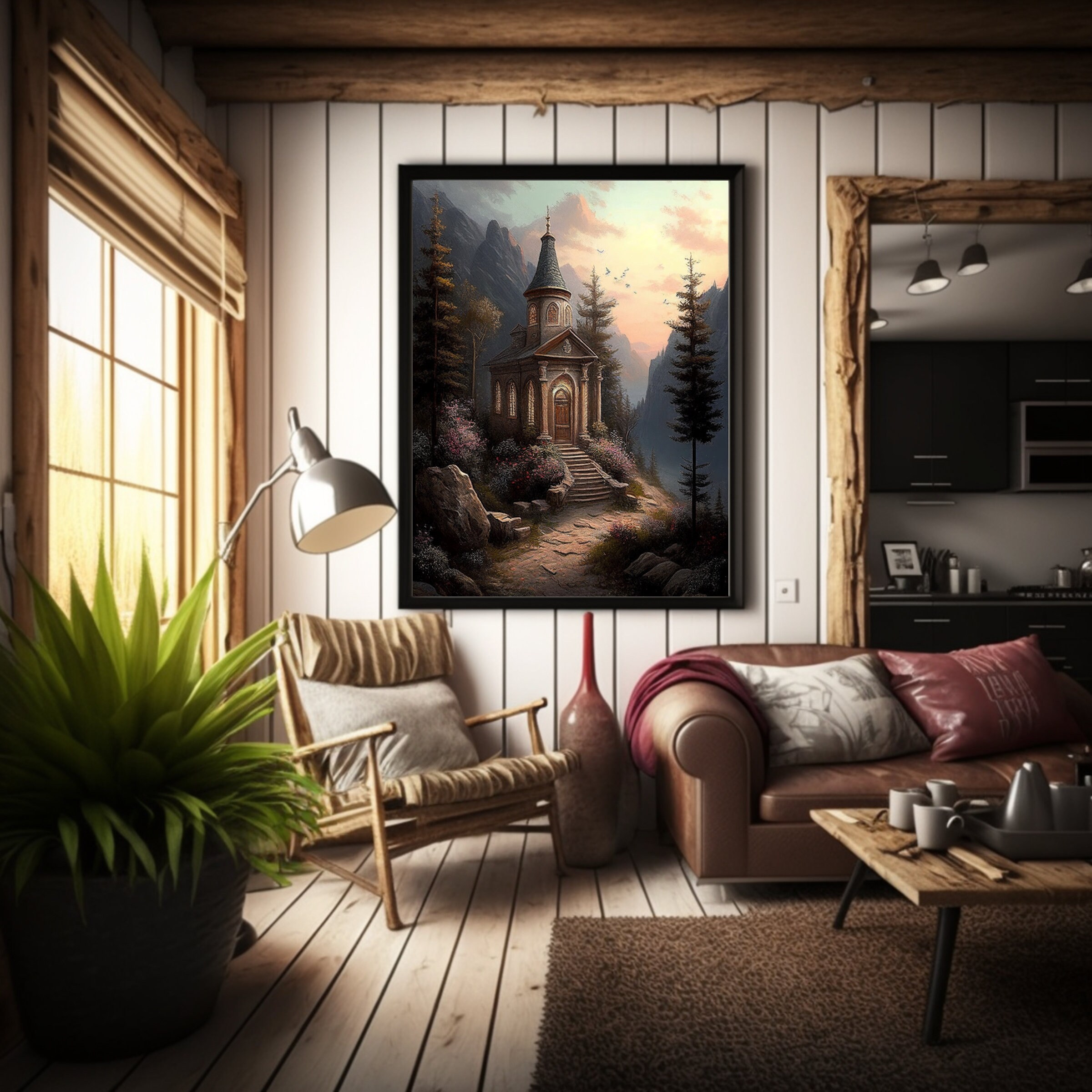 Printable Wall Art, Woodland Chapel, Earth Tones Wall Art, Mountain ...