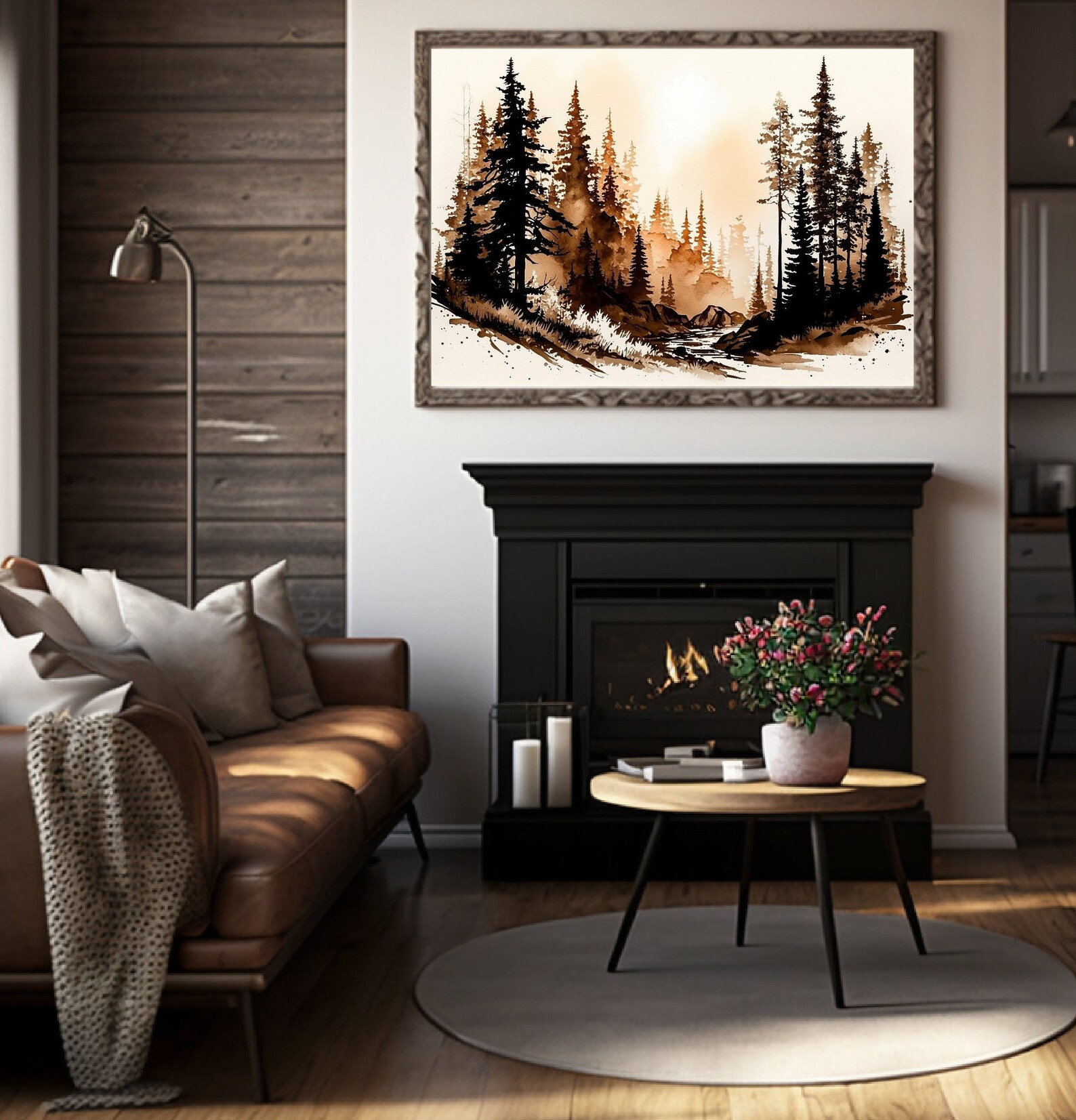 Printable Art, Watercolor Rust Forest, Pine Tree Art, Log Cabin Decor ...