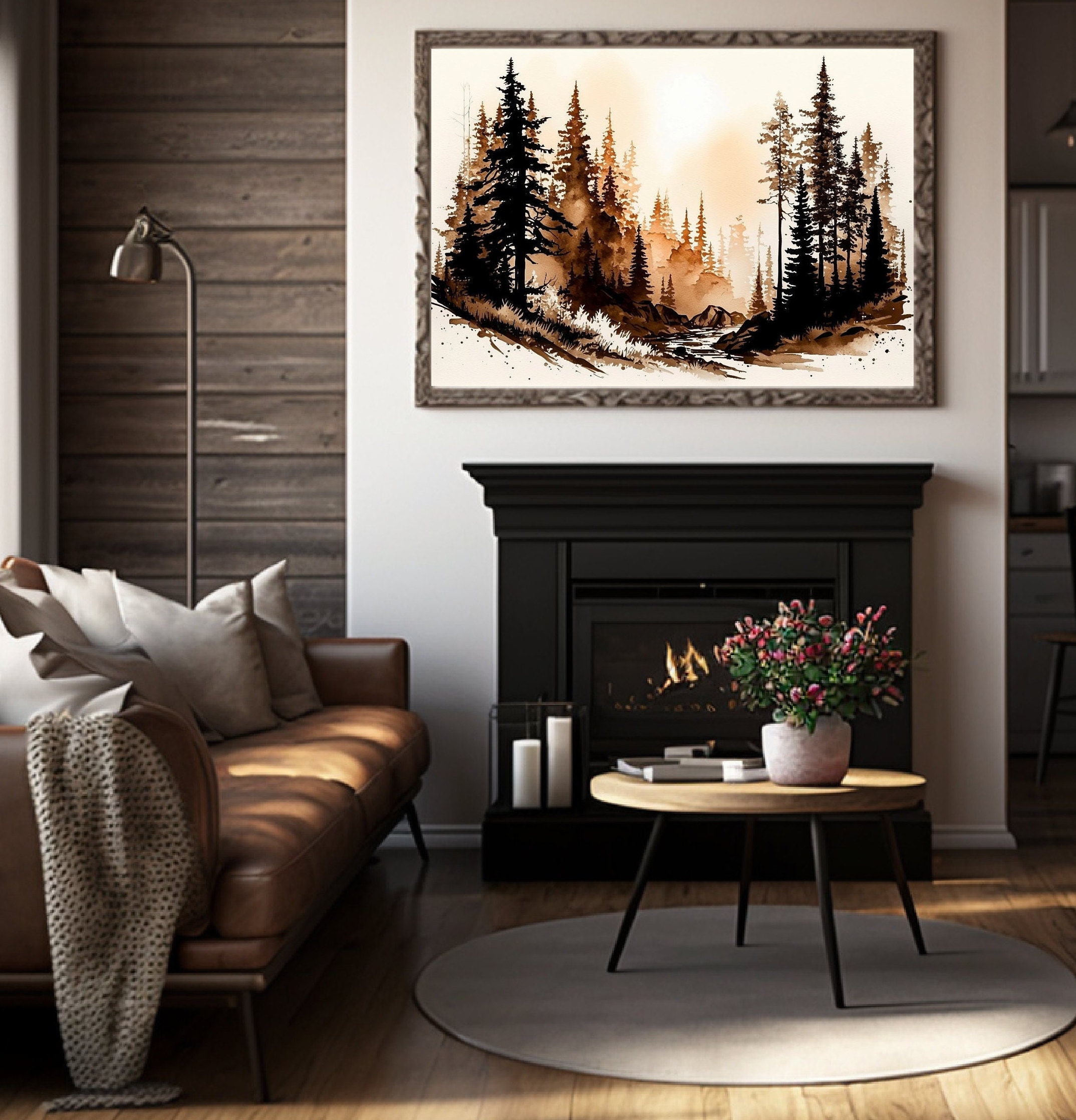 Printable Art, Watercolor Rust Forest, Pine Tree Art, Log Cabin Decor ...