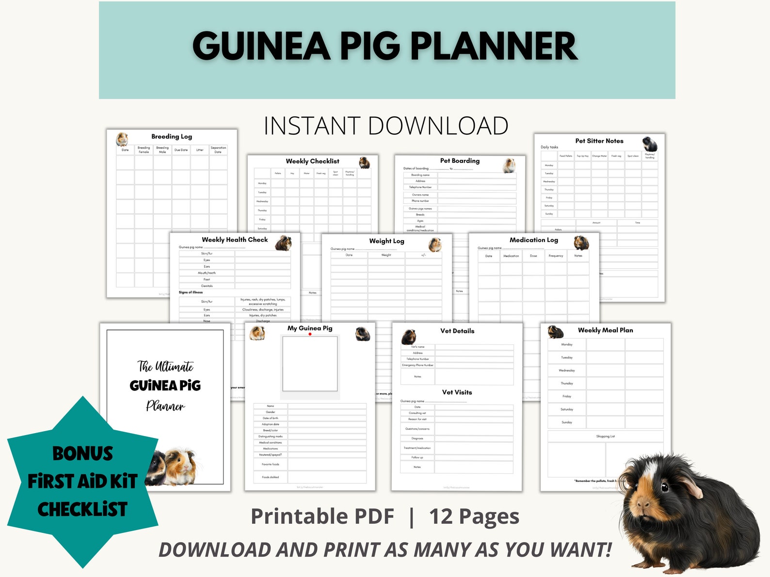 Guinea Pig Planner Printable, Guinea Pig Pet Sitting Insert, Pet Health ...