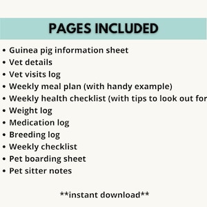Guinea Pig Planner Printable, Guinea Pig Pet Sitting Insert, Pet Health ...