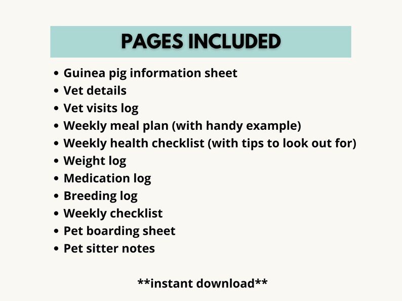 Guinea Pig Planner Printable, Guinea Pig Pet Sitting Insert, Pet Health ...