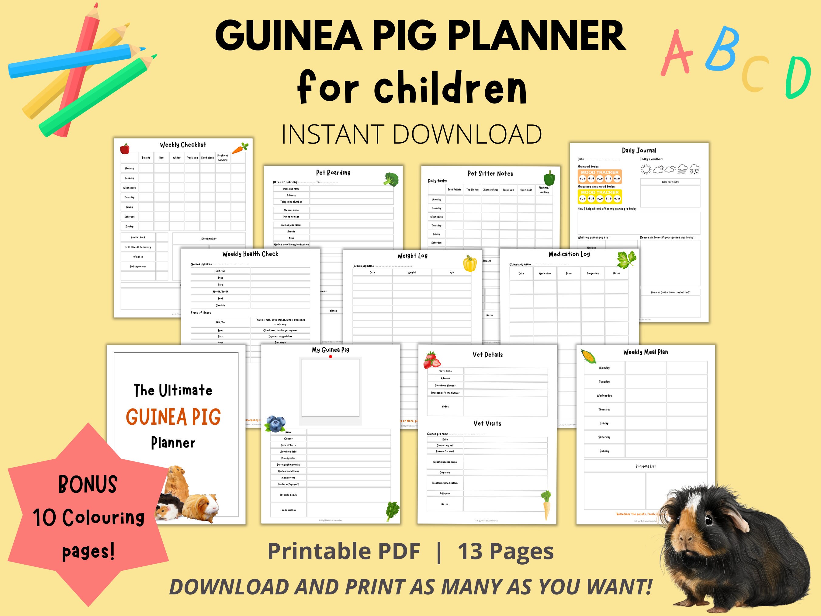 Guinea Pig Planner Printable for Children, Chore Chart for Kids, Guinea ...