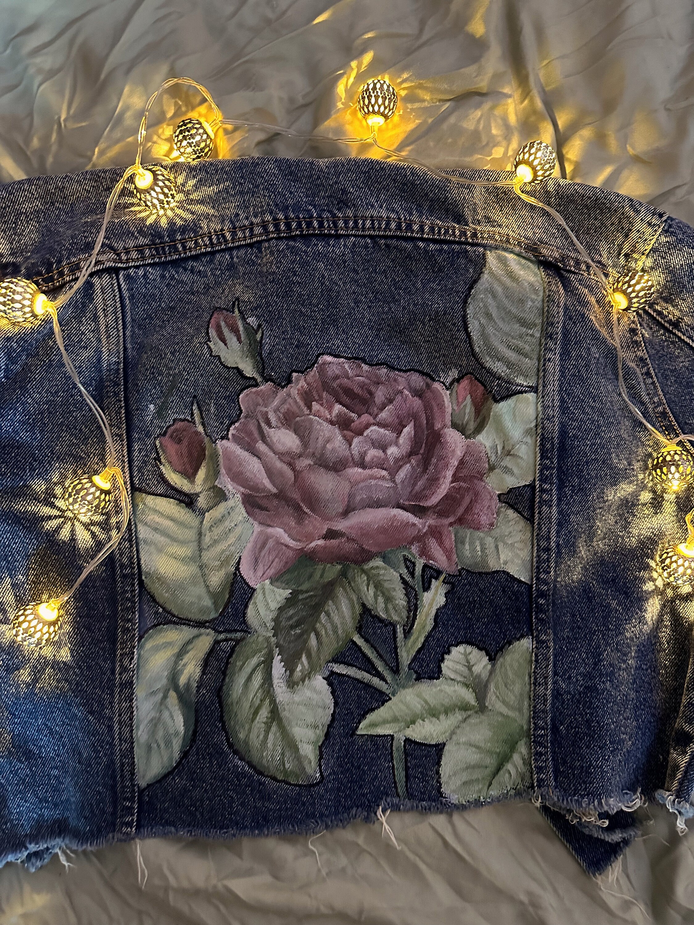 Hand-painted Botanical Rose Crop Denim Jacket - Etsy