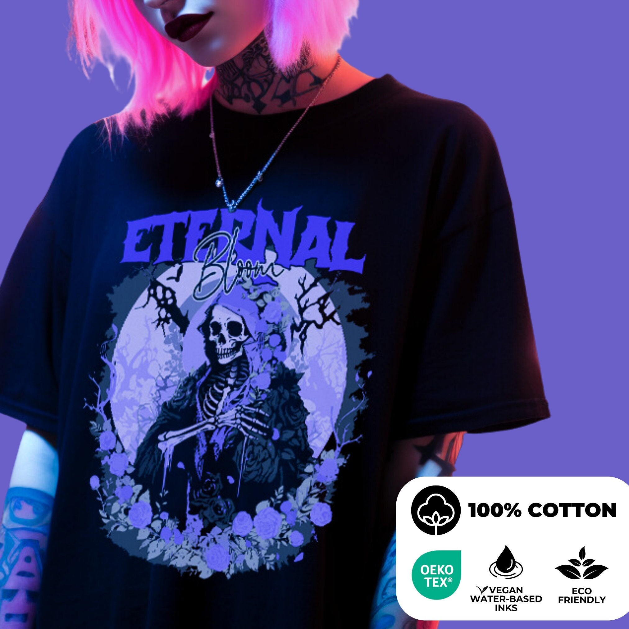 Soft Goth Shirt Eternal Bloom, Black Pastel Goth Skeleton and Flowers T ...