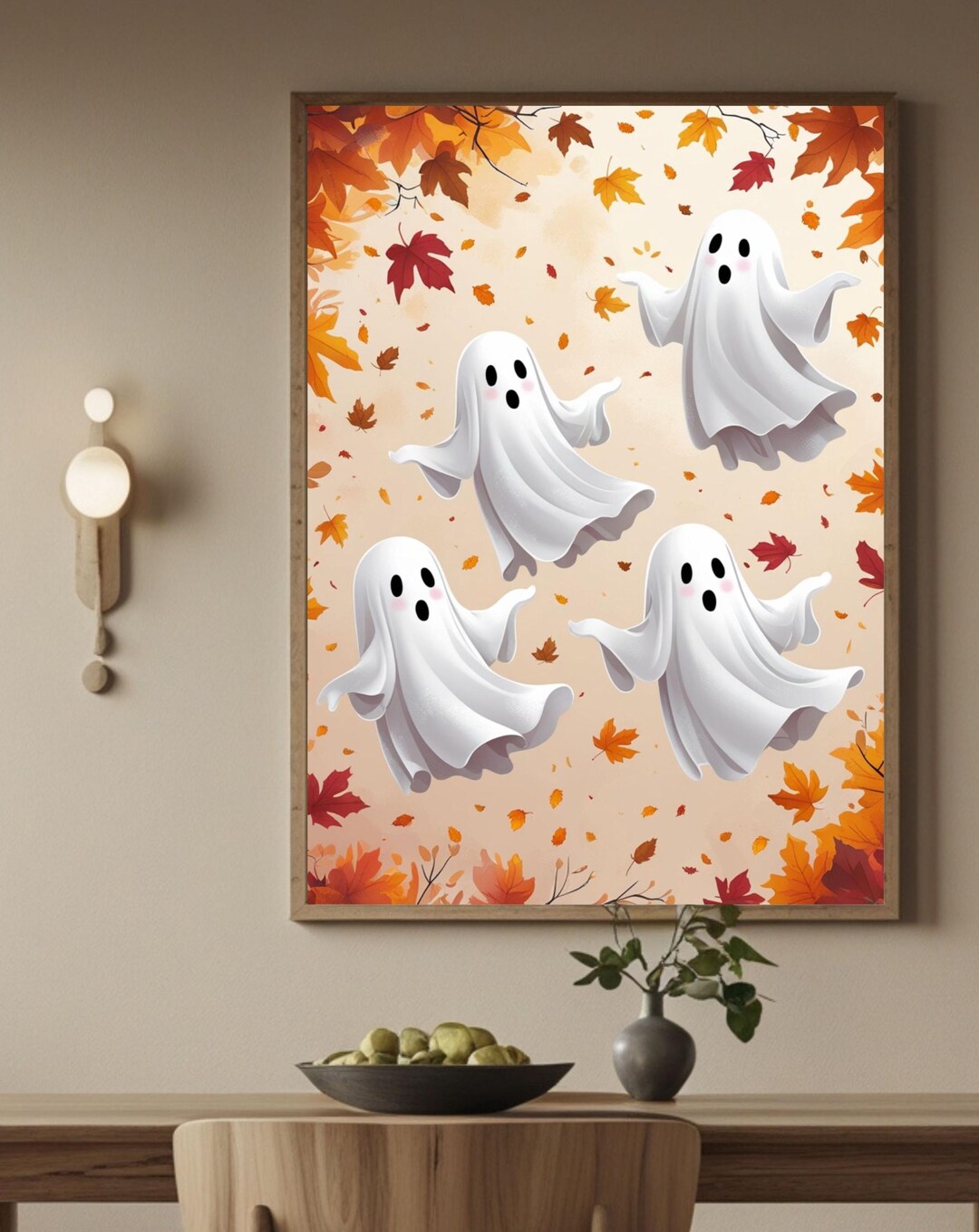 Ghosts Under Falling Autumn Leaves Minimalist Halloween Wall Art White ...