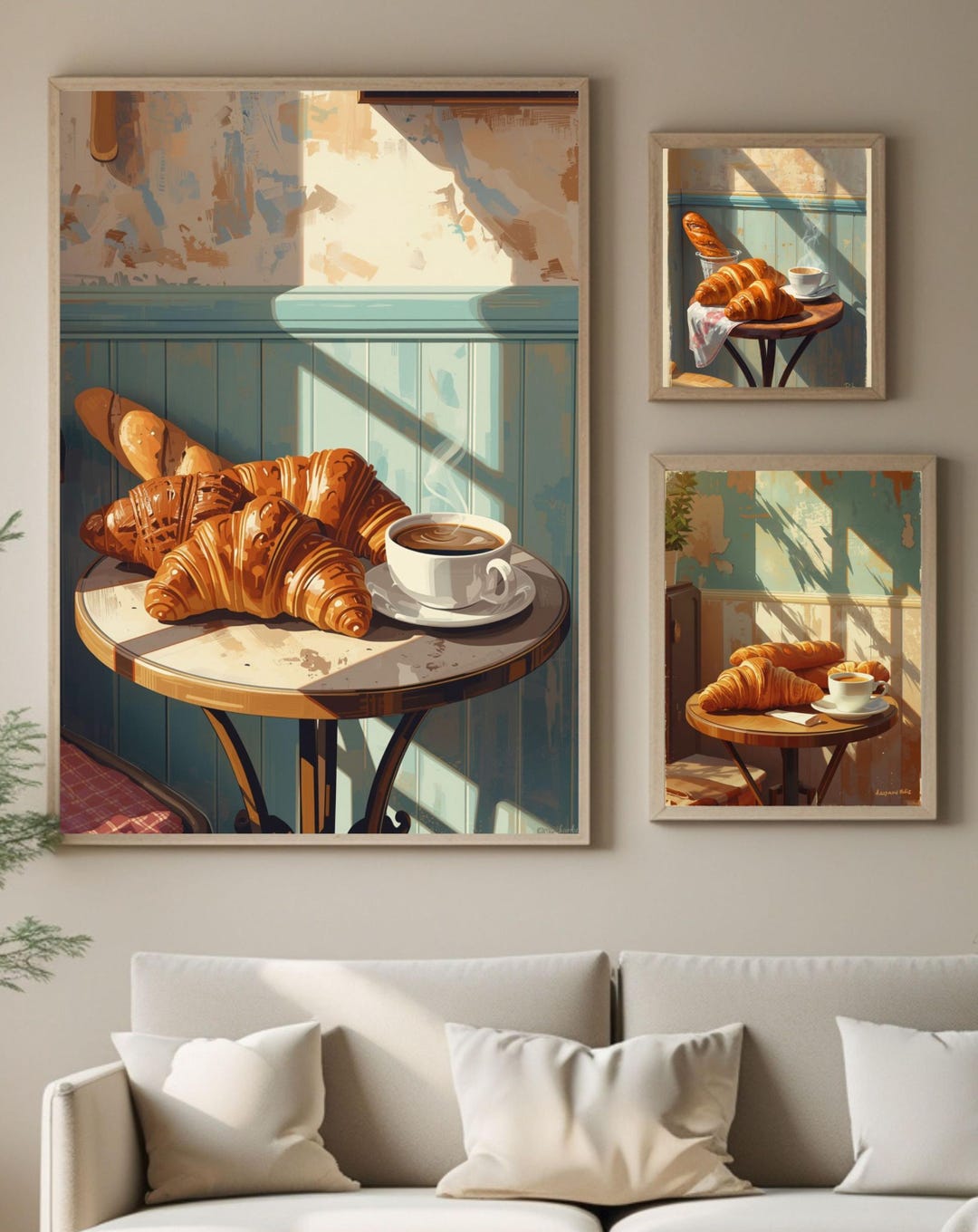 French Cafe Breakfast Scene Wall Art Croissant Coffee Printable Kitchen ...