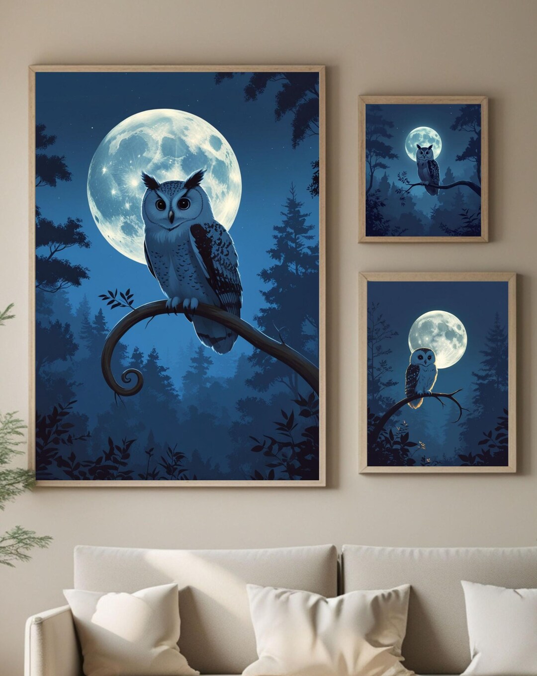 Owl in Forest With Glowing Moon Wall Art Minimalist Wildlife Printable ...