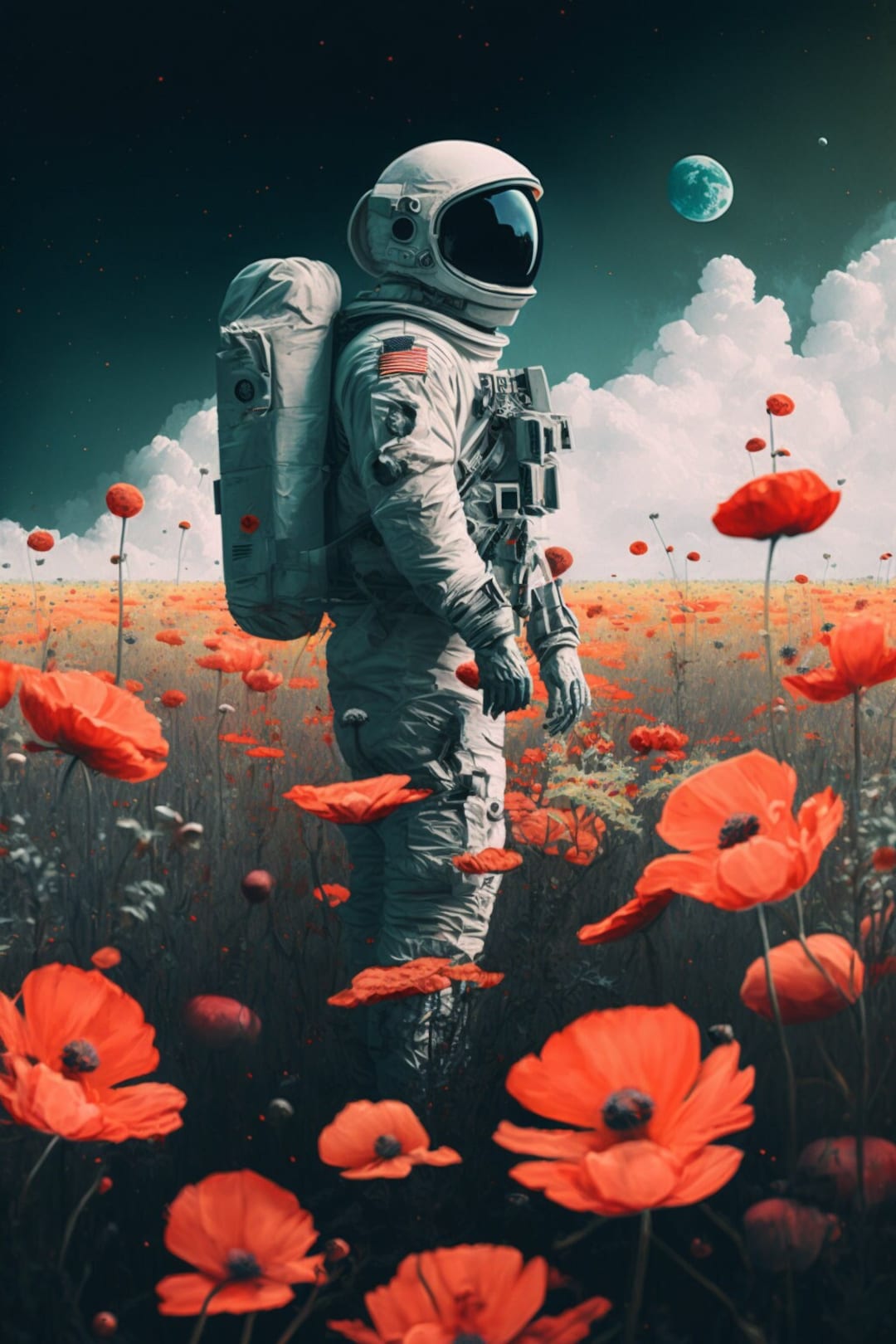 DIGITAL PRINT Astronaut in a Poppy Field With Moon in the Background - Etsy
