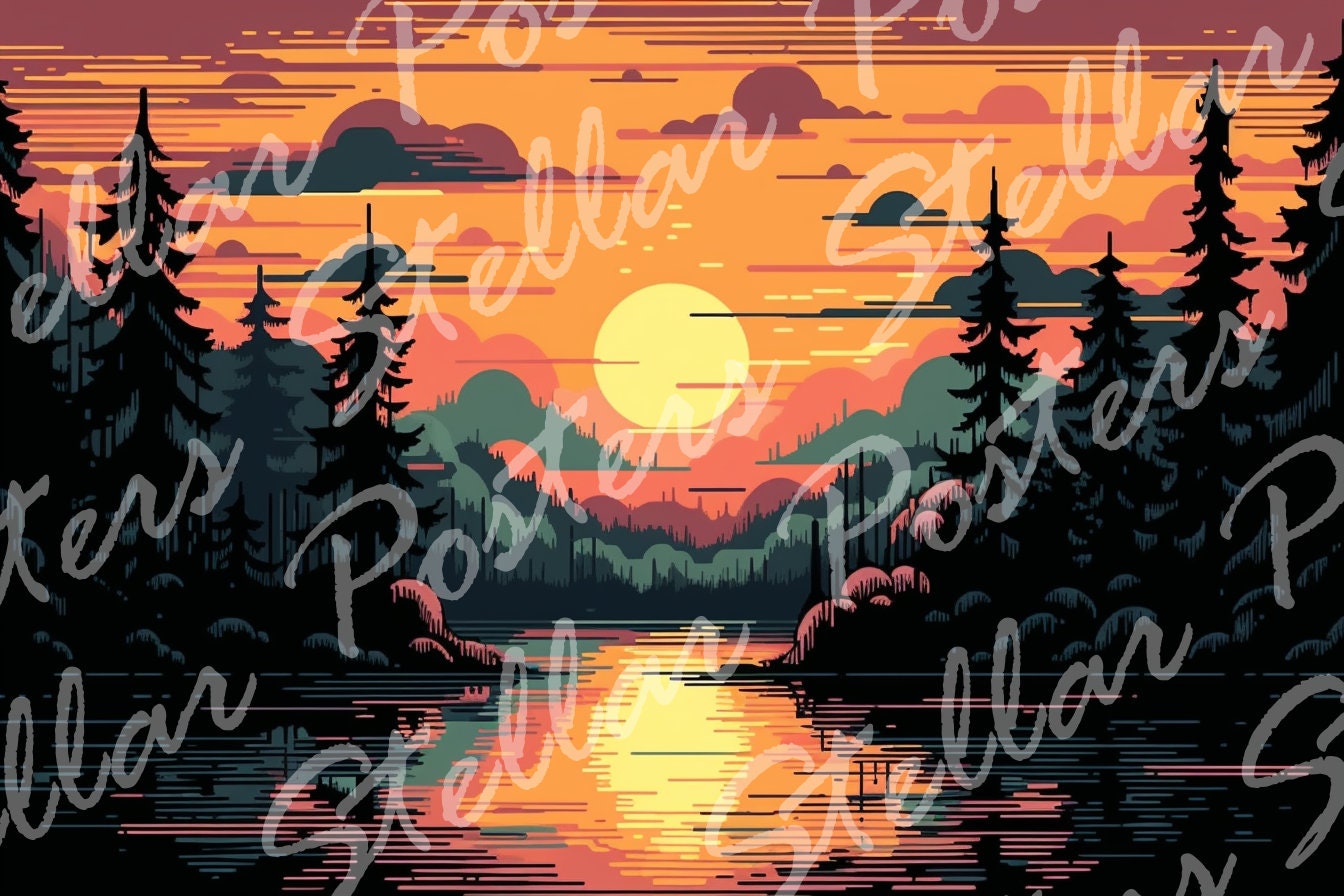 DIGITAL PRINT 8-bit Sunset Lake: Pixel Art Landscape for Print and ...