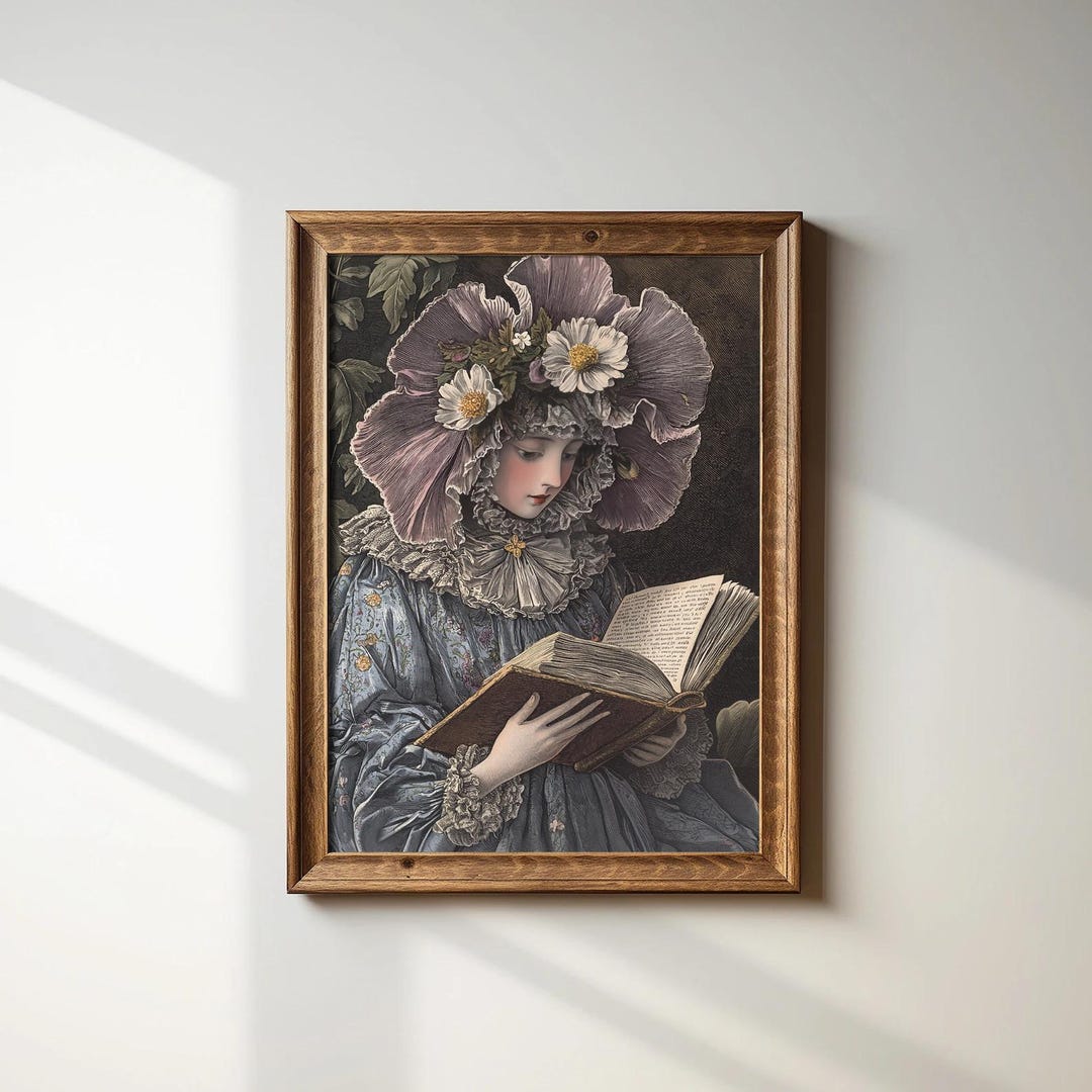 Whimsical Reading Flower Poster - Moody Etching Wall Art Print - Etsy