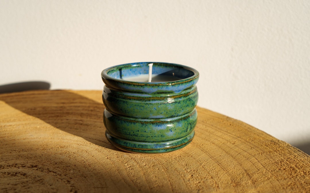 Blue and Green Ceramic Candle With Fir Scent. Handmade Ceramic Candle ...