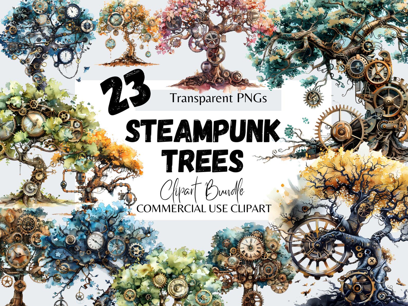Steampunk Tree Clipart Bundle, Vintage Mechanical Nature, Industrial ...