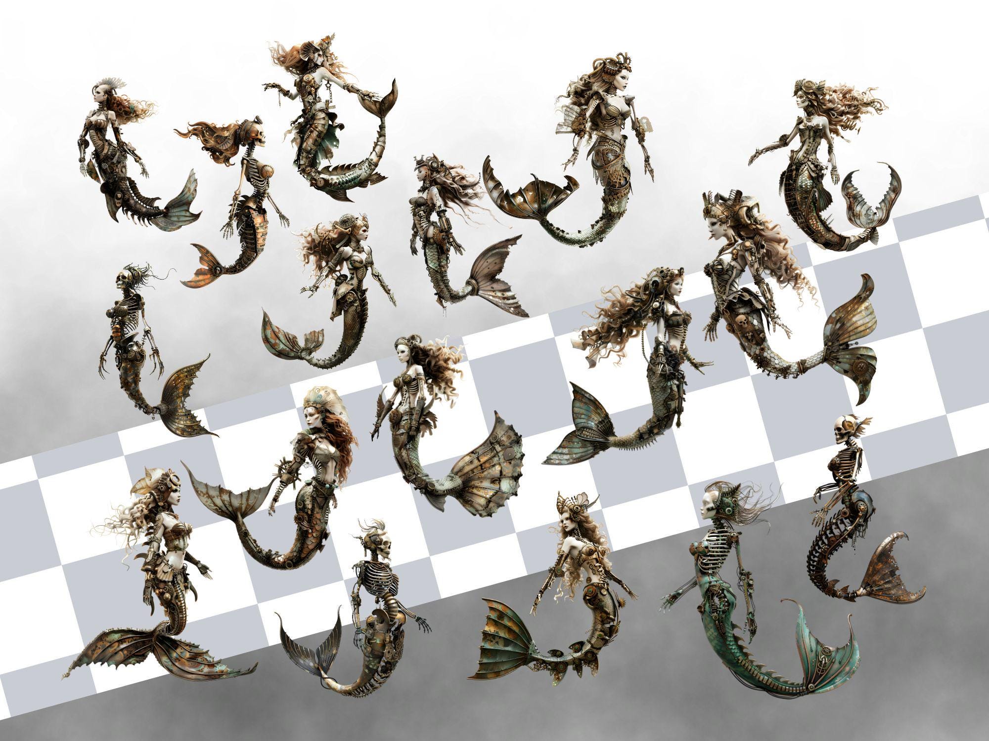 Steampunk Skeleton Mermaid Clipart Bundle, Vintage Mechanical Fantasy ...