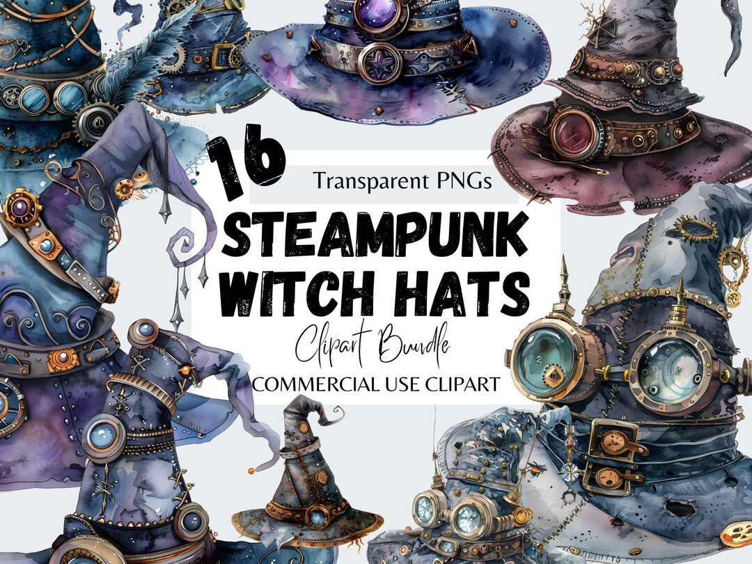 Steampunk Witch Hats Clipart Bundle, Victorian Futuristic Gothic Clockwork, Steam Punk Halloween ...