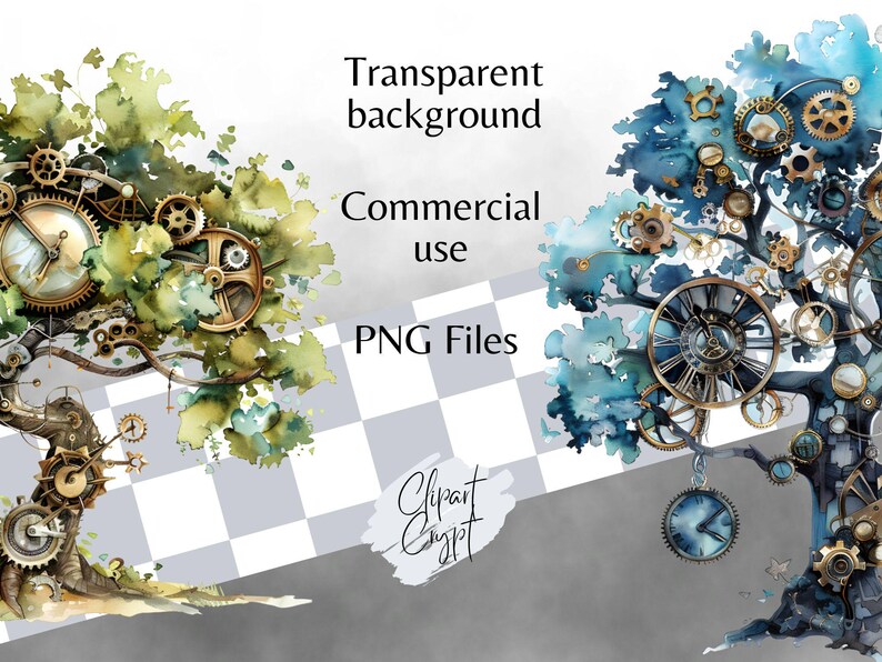 Steampunk Tree Clipart Bundle, Vintage Mechanical Nature, Industrial ...