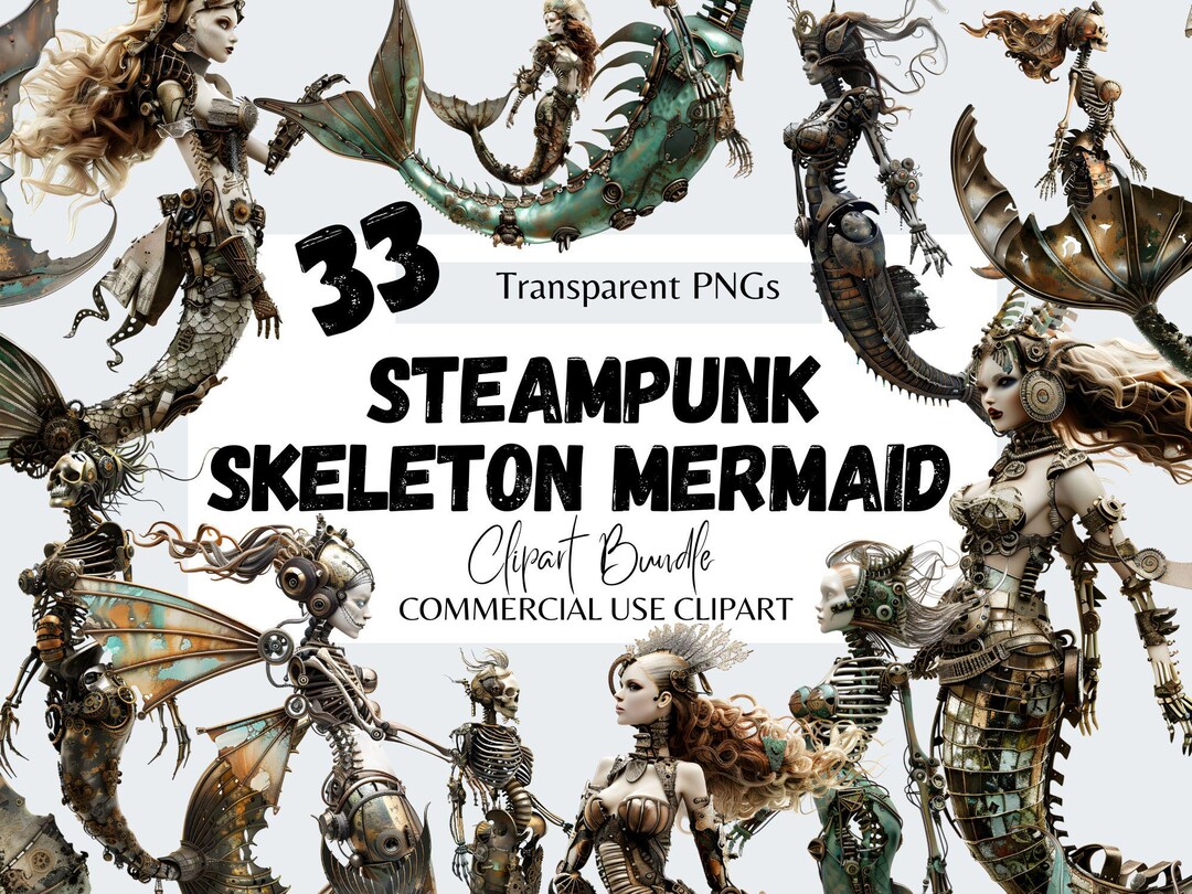 Steampunk Skeleton Mermaid Clipart Bundle, Vintage Mechanical Fantasy ...