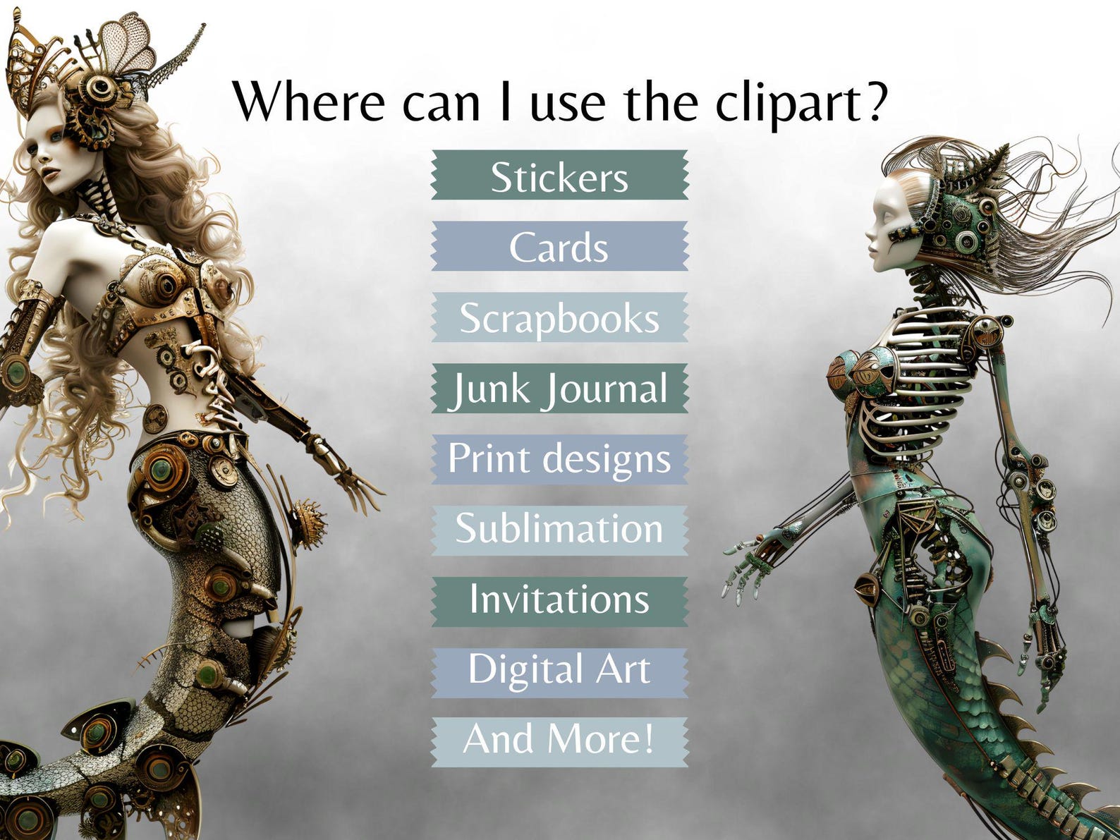 Steampunk Skeleton Mermaid Clipart Bundle, Vintage Mechanical Fantasy ...