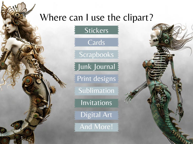 Steampunk Skeleton Mermaid Clipart Bundle, Vintage Mechanical Fantasy ...