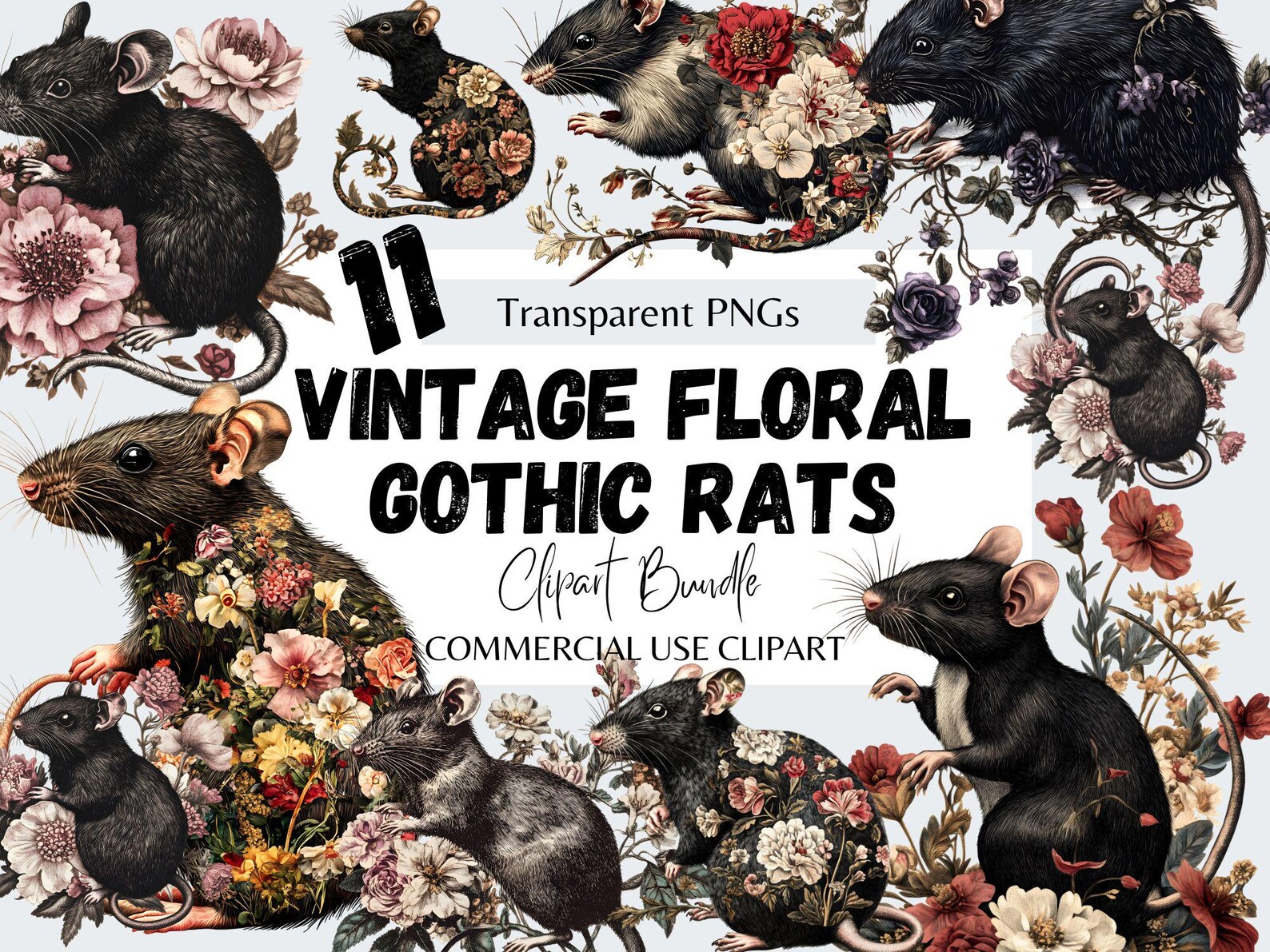 Vintage Gothic Floral Rat Clipart Bundle, Dark Academia Botanical ...