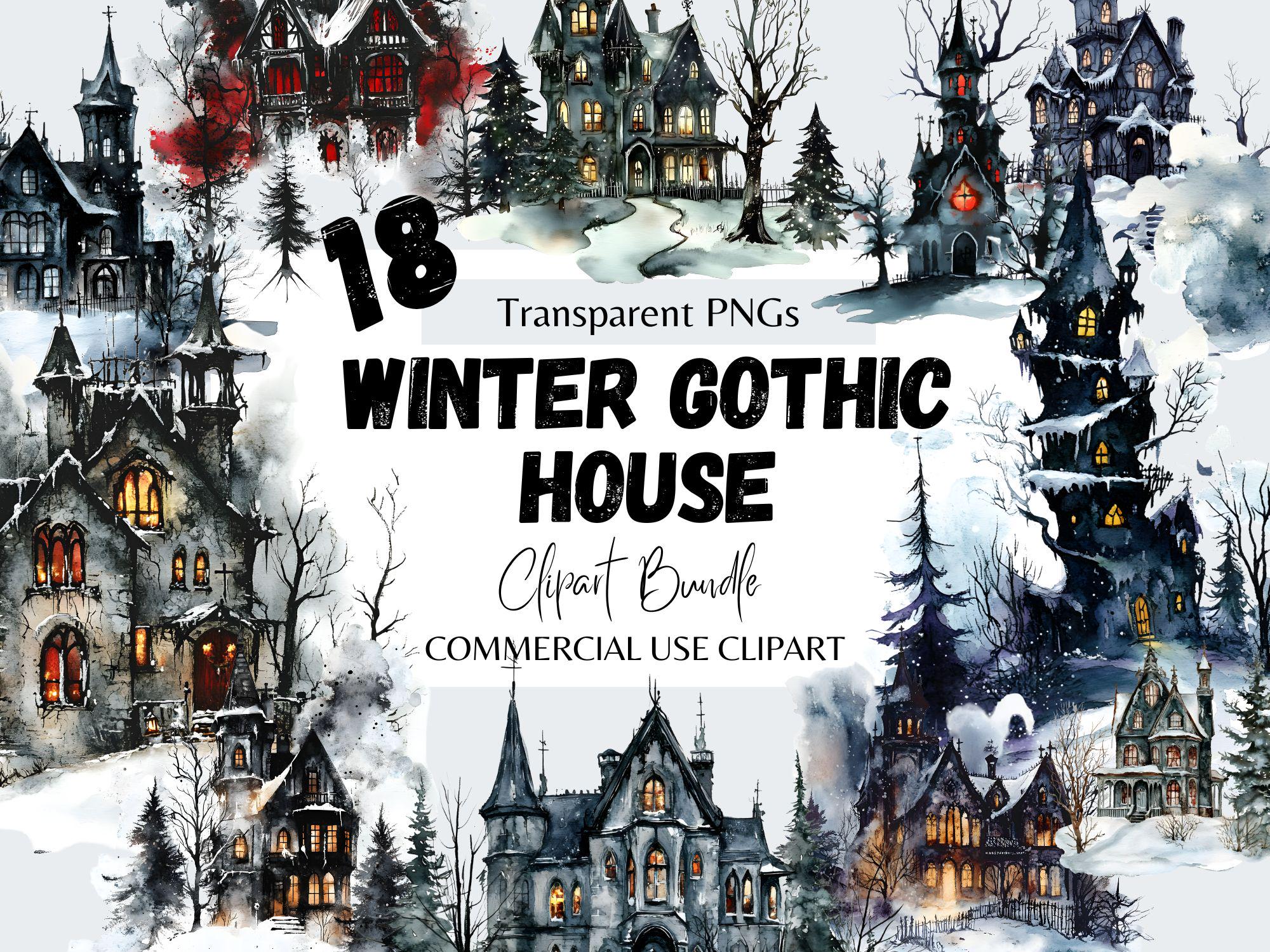 Winter Gothic House Clipart Bundle, Haunted Mansion, Spooky Snowy House ...