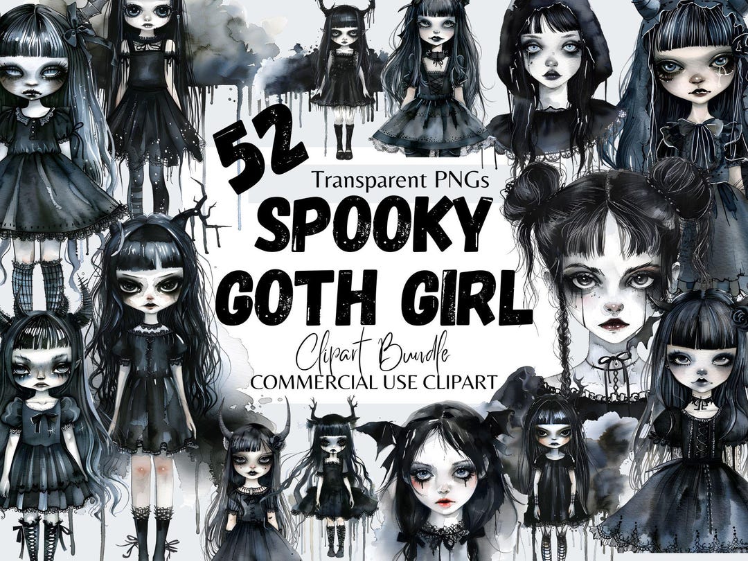 Spooky Creepy Cute Goth Girl Clipart Bundle, Dark Gothic Aesthetic Clip ...