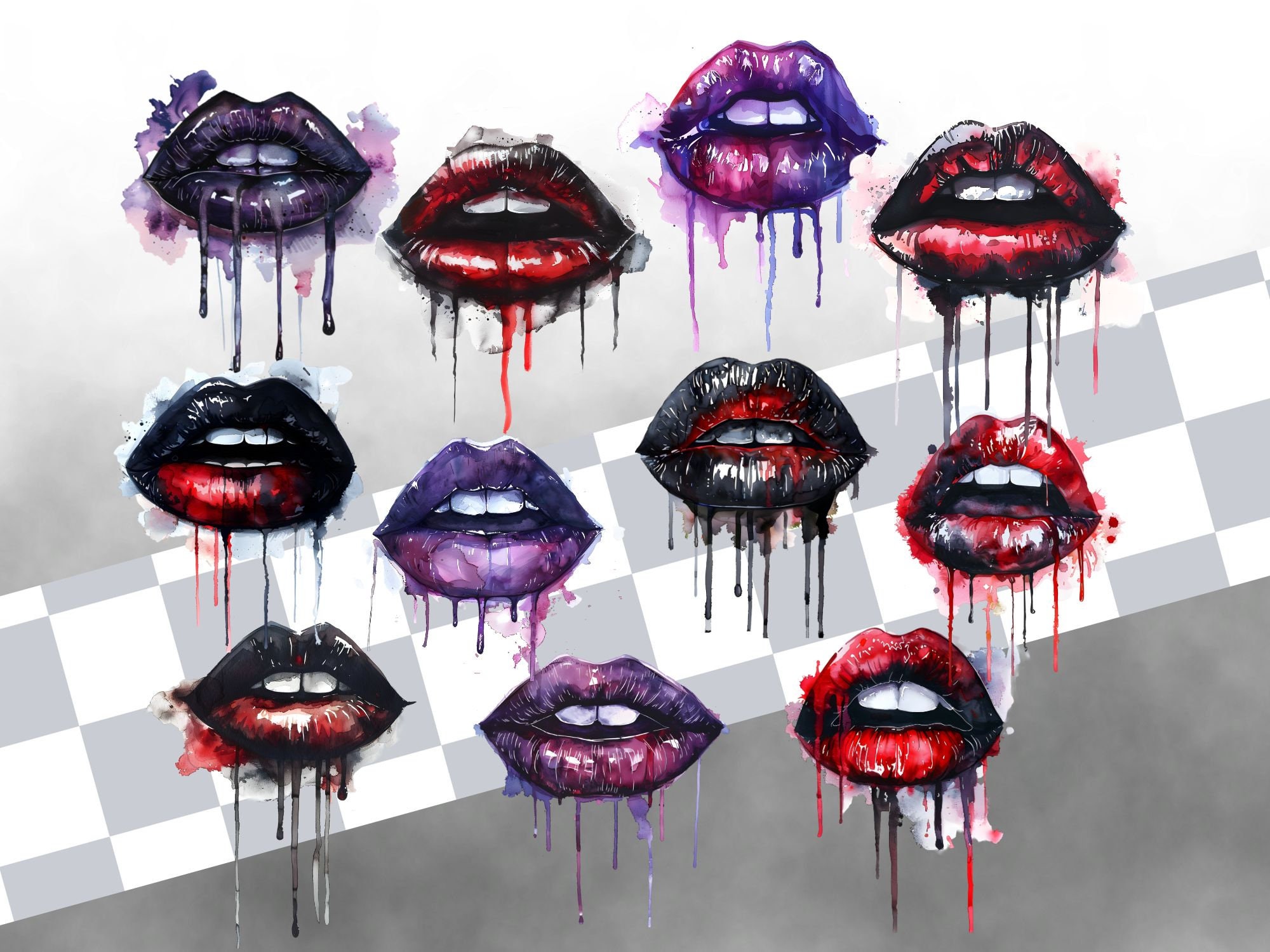 Gothic Dripping Lip Clipart Bundle, Goth Lipstick PNG, Black & Red Lips ...