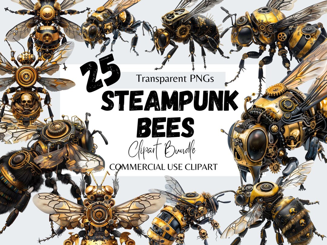 Steampunk Bee Clipart Bundle, Vintage Mechanical Wings, Industrial Victorian Art Elements for ...